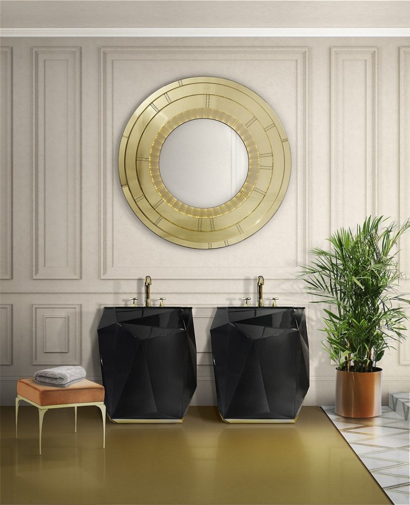 This Contemporary Gold Mirror Does Wonders for a Bathroom Interior